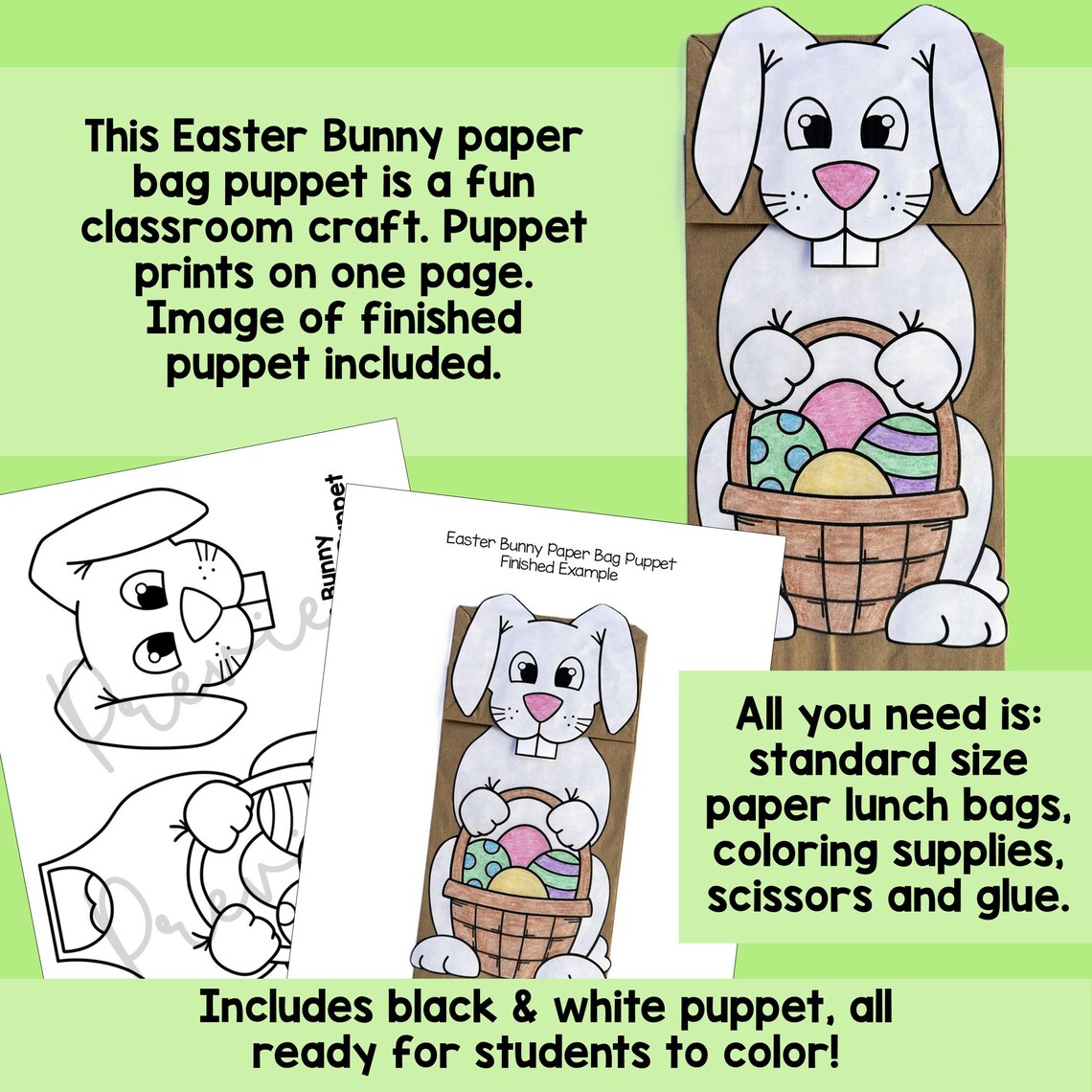Easter Bunny Paper Bag Puppet Kids Craft Activity for School or Home ...