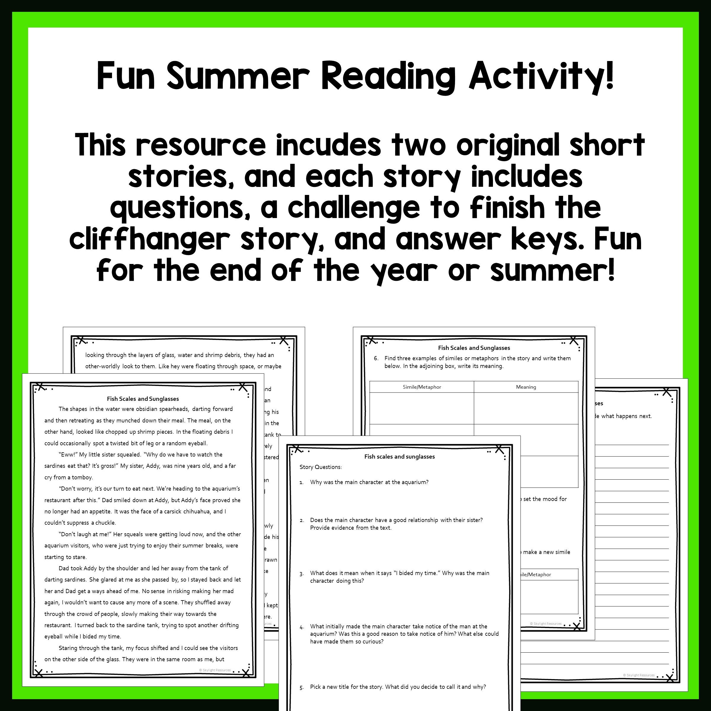 Summer Reading Middle School Short Stories and Reading Questions End of ...