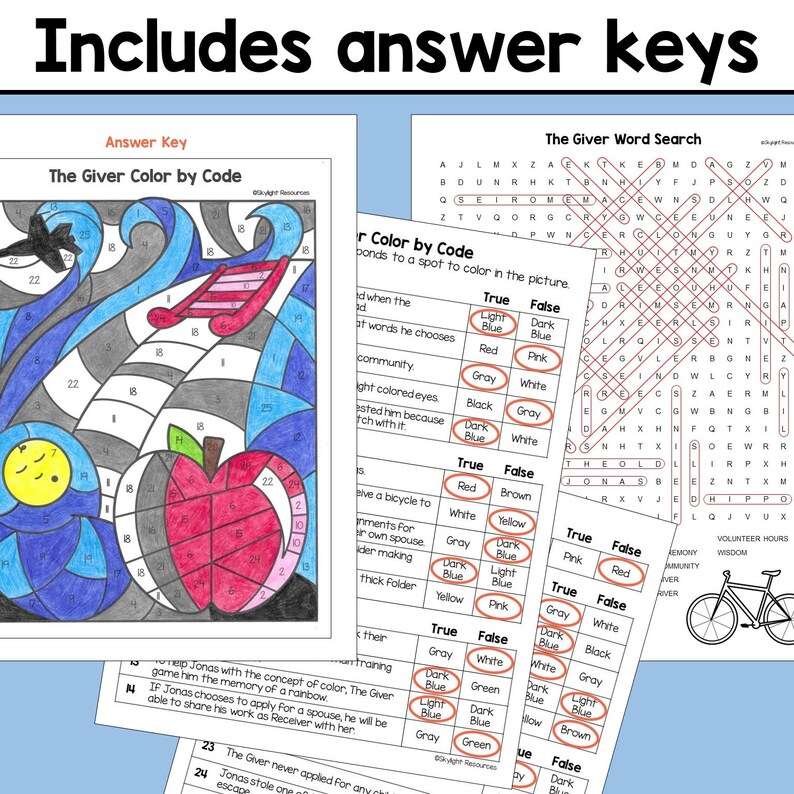 The Giver Word Search and Color by Number Novel Reading Questions, Fun ...
