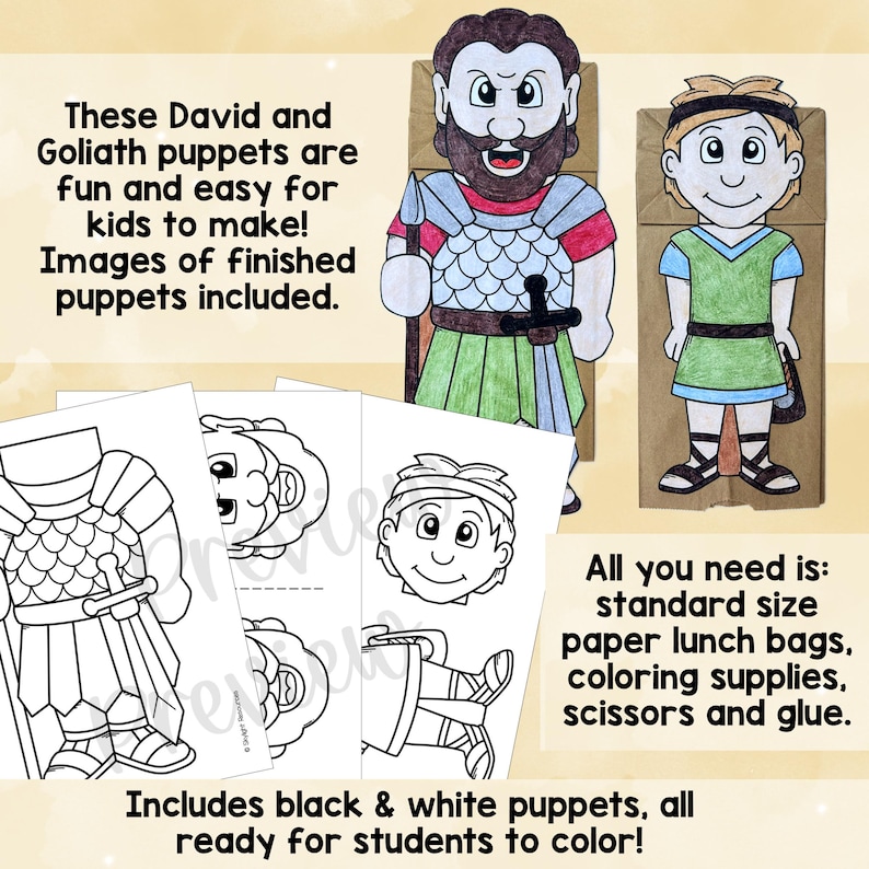 David and Goliath Paper Bag Puppets Bible Lesson Craft Activity for ...