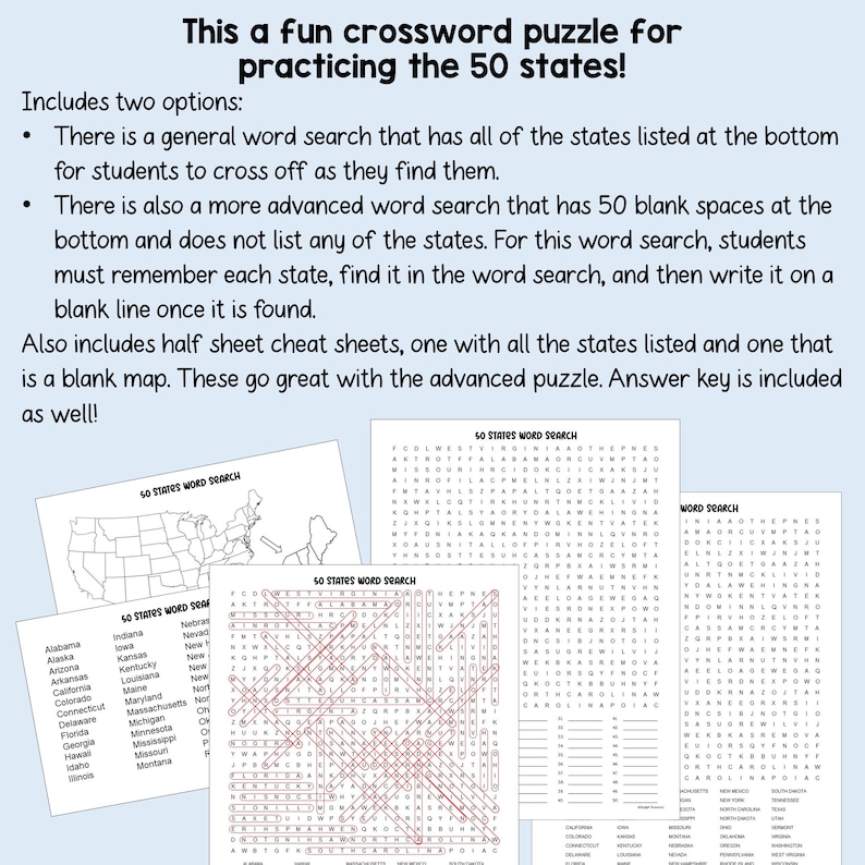 50 States Word Search Puzzle With Two Fun Options | Kids Social Studies ...