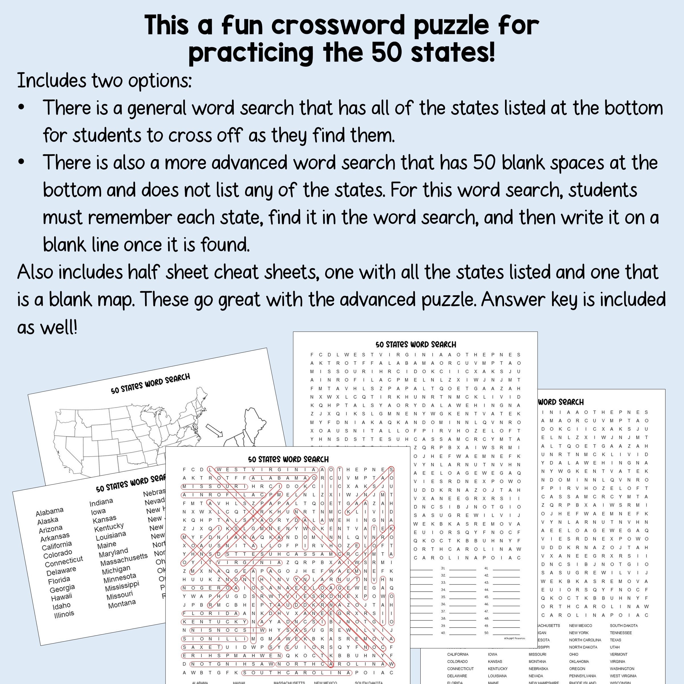 50 States Word Search Puzzle With Two Fun Options | Kids Social Studies ...
