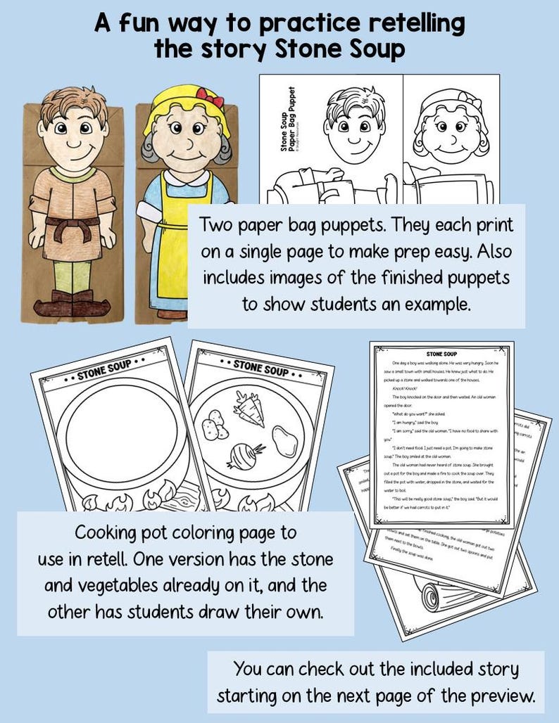 Stone Soup Story Retell Craft Activity, Paper Bag Puppets, Reading ...