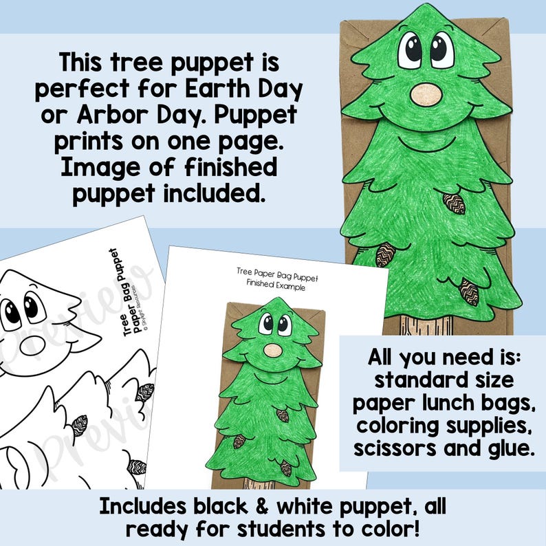 Tree Paper Bag Puppet Craft Activity for Earth Day or Arbor Day, Fun ...