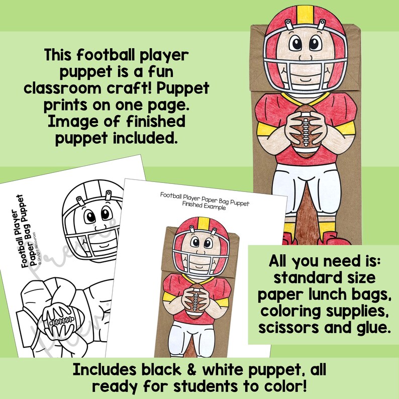 Football Player Paper Bag Puppet Craft Activity, Super Bowl Project for ...