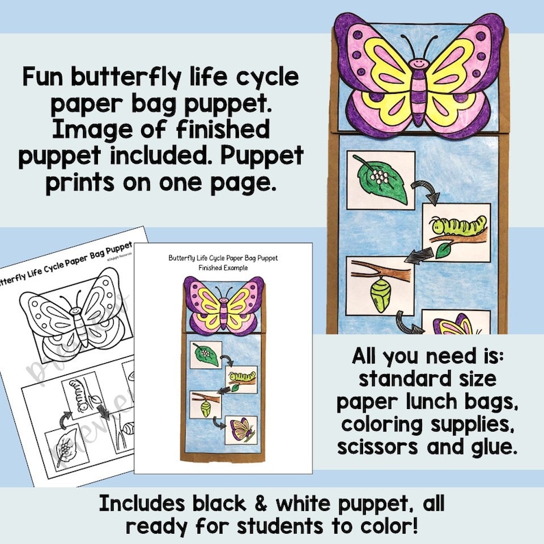 Life Cycle of a Butterfly Paper Bag Puppet | Science Craft Activity for ...