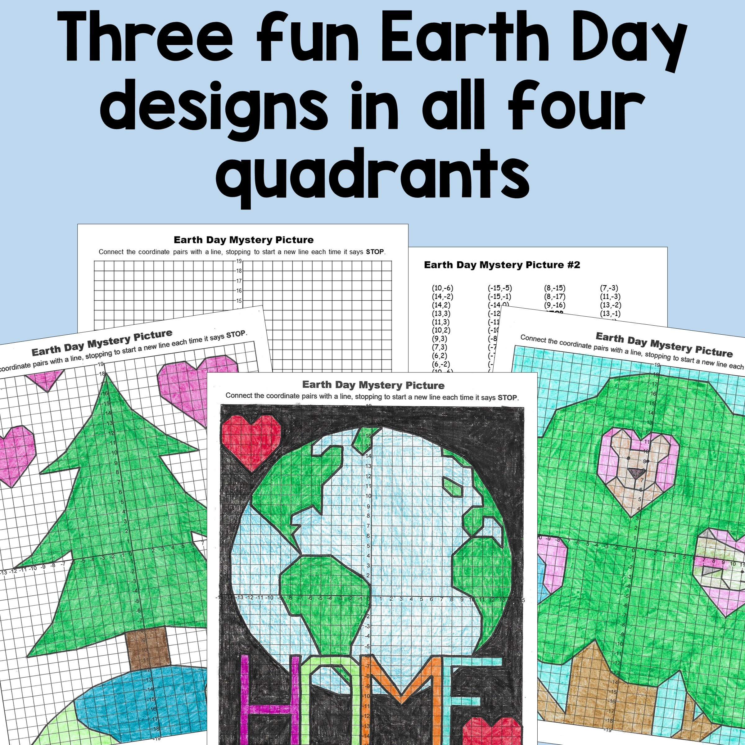 Earth Day Coordinate Plane Mystery Graphing Pictures 4-quadrant ...