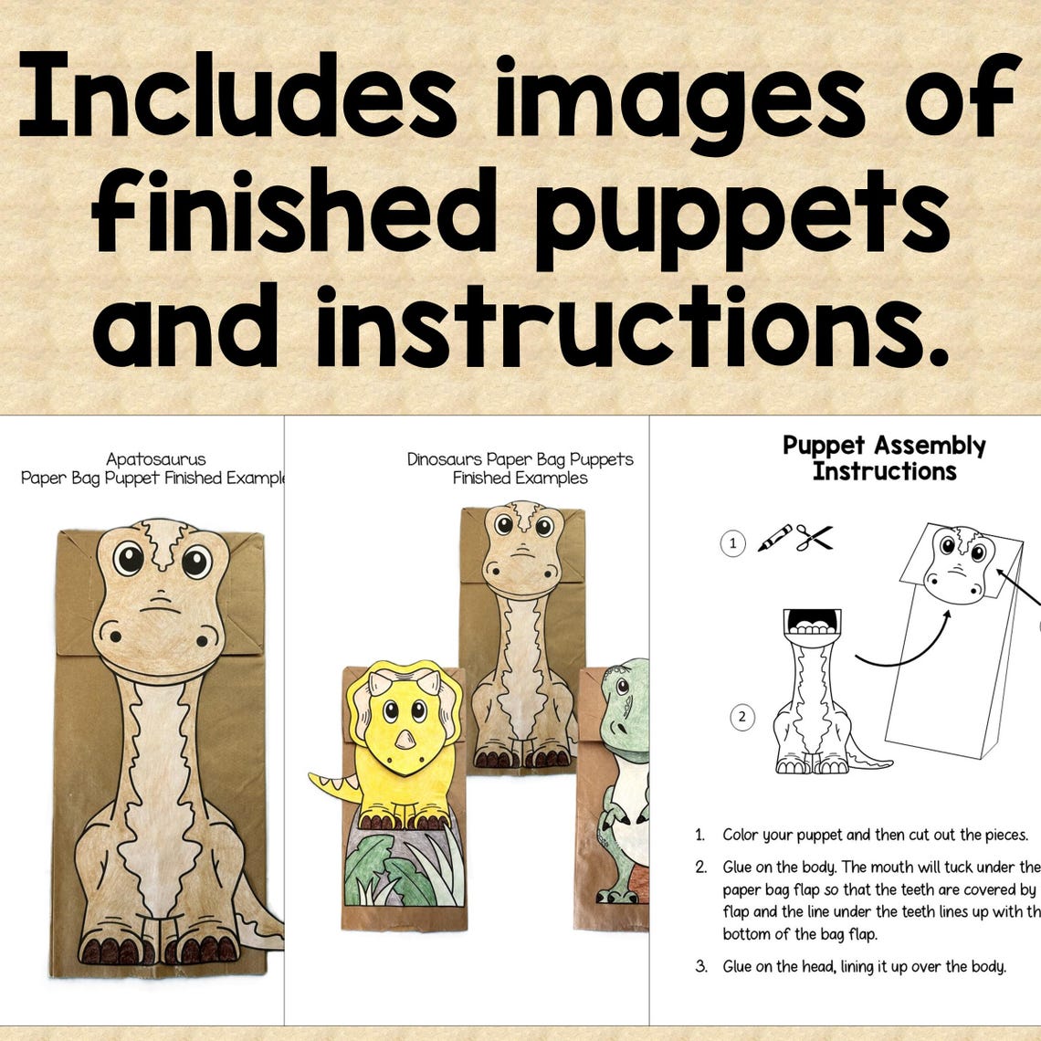 Dinosaur Paper Bag Puppets | T Rex, Apatosaurus and Triceratops Craft ...