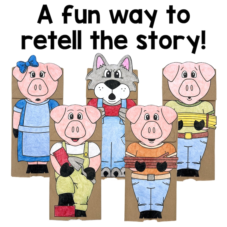 The Three Little Pigs Paper Bag Puppets, Story Retell Craft, Classroom ...