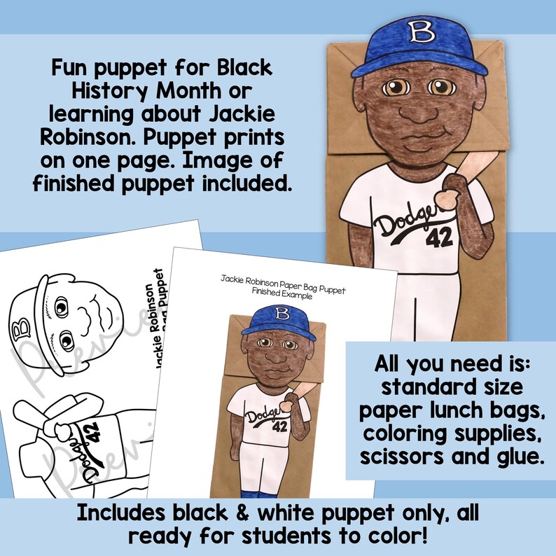 Black History Month | Jackie Robinson Baseball Paper Bag Puppet | Kids ...