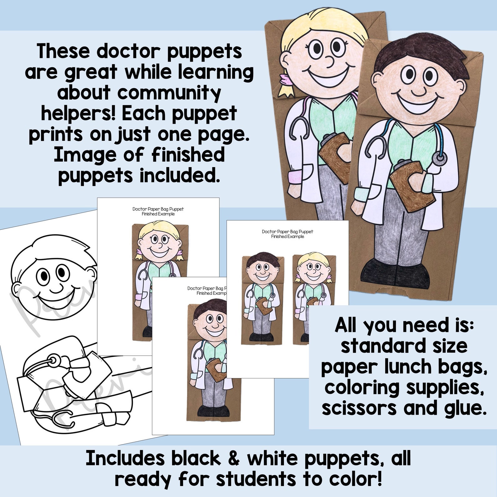 Doctor Paper Bag Puppet | Fun Community Helper Craft Activity for Kids ...