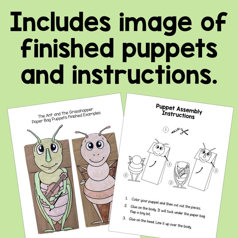Aesop's Fables Ant and Grasshopper Paper Bag Puppets Kids Reading Time ...