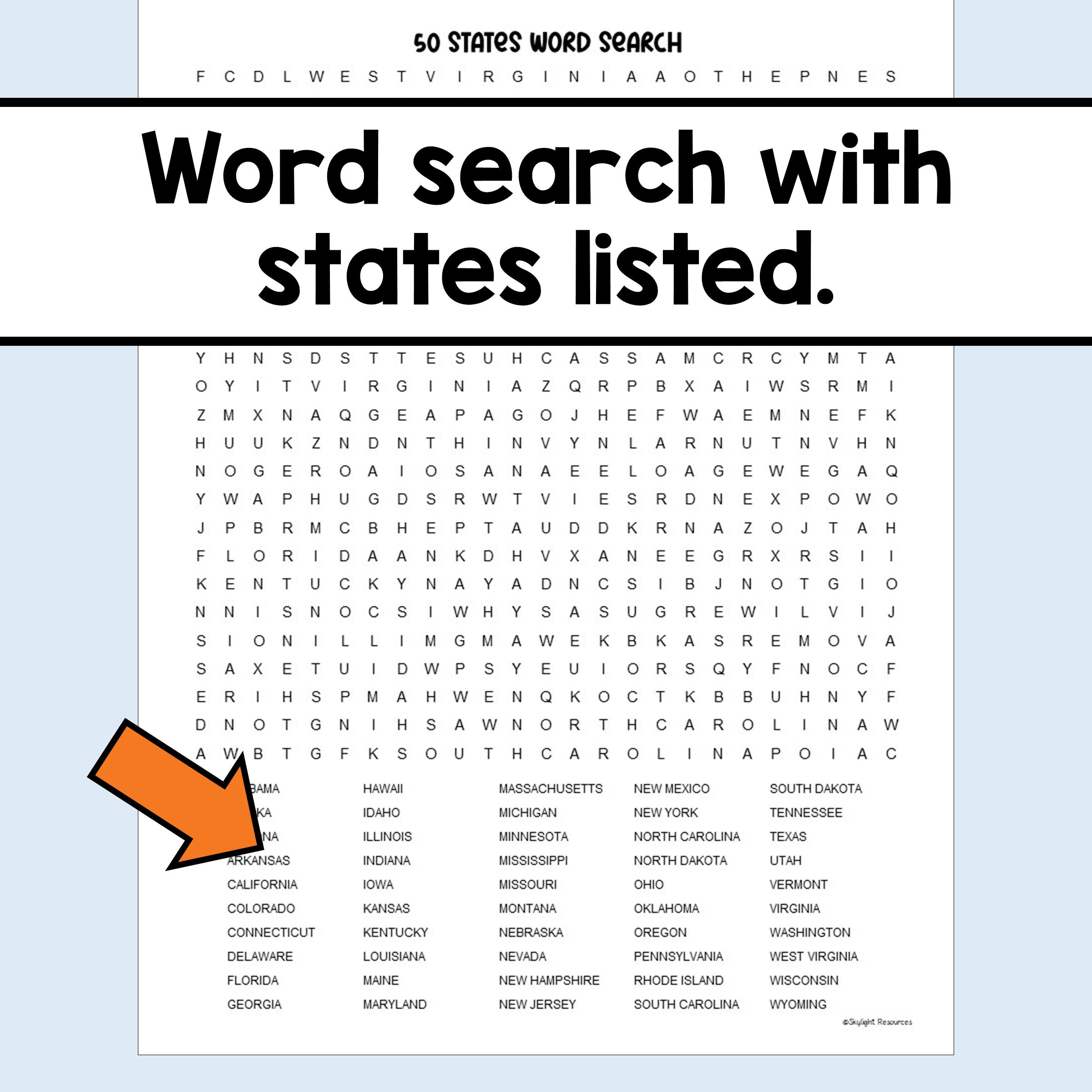 50 States Word Search Puzzle With Two Fun Options | Kids Social Studies ...