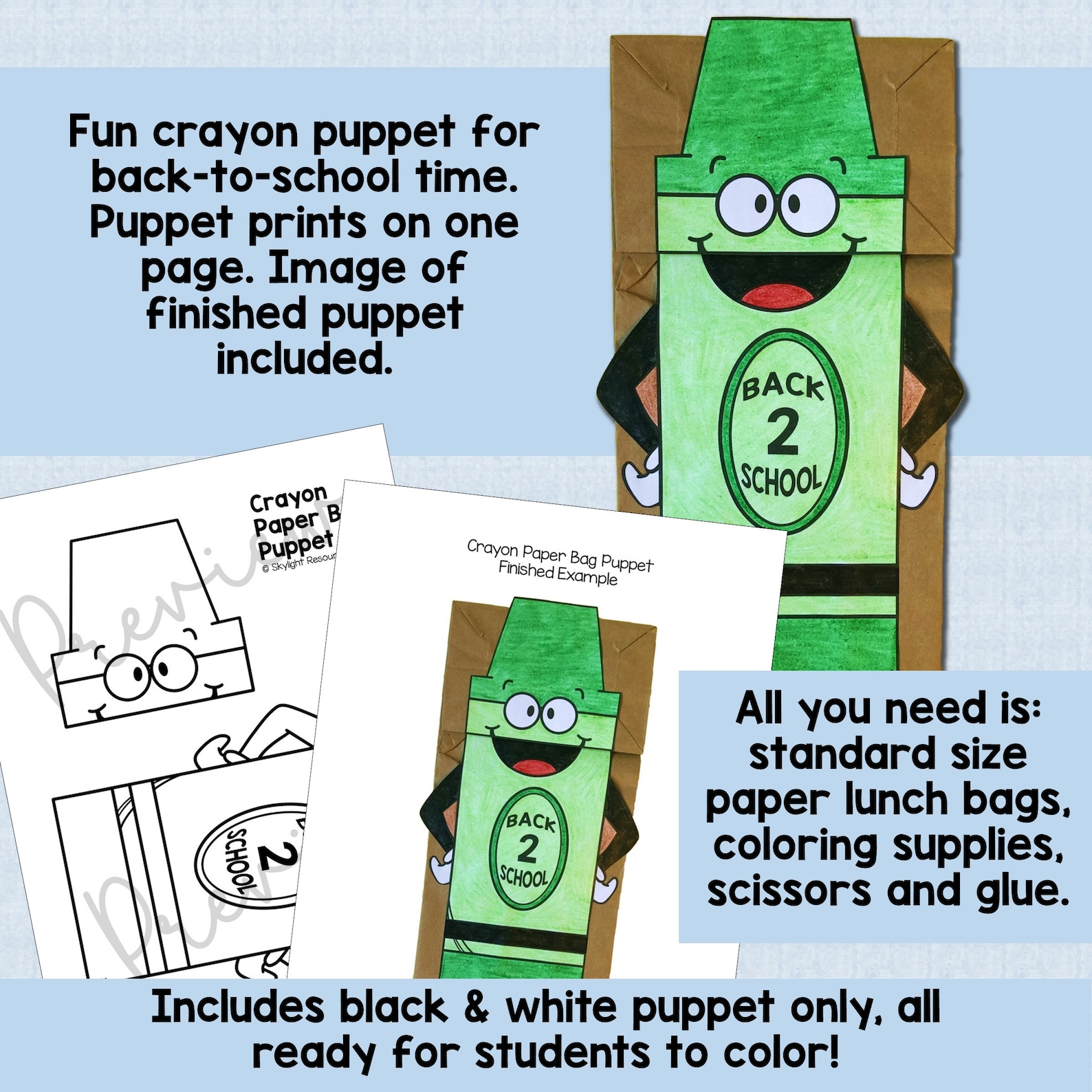 Back to School Paper Bag Puppet | Fun Crayon Kids Craft Activity - Etsy