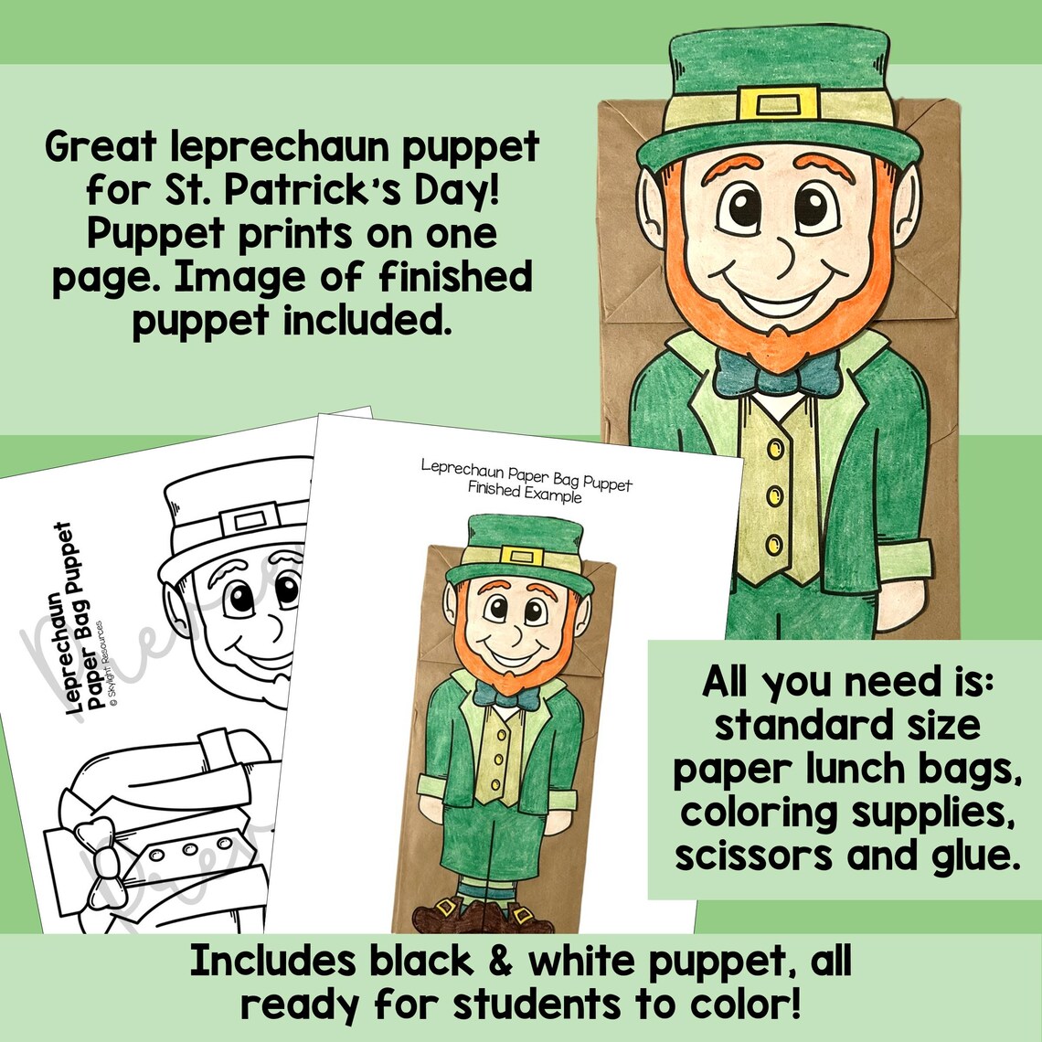 Leprechaun Paper Bag Puppet Kids St. Patrick's Day Craft Activity for ...