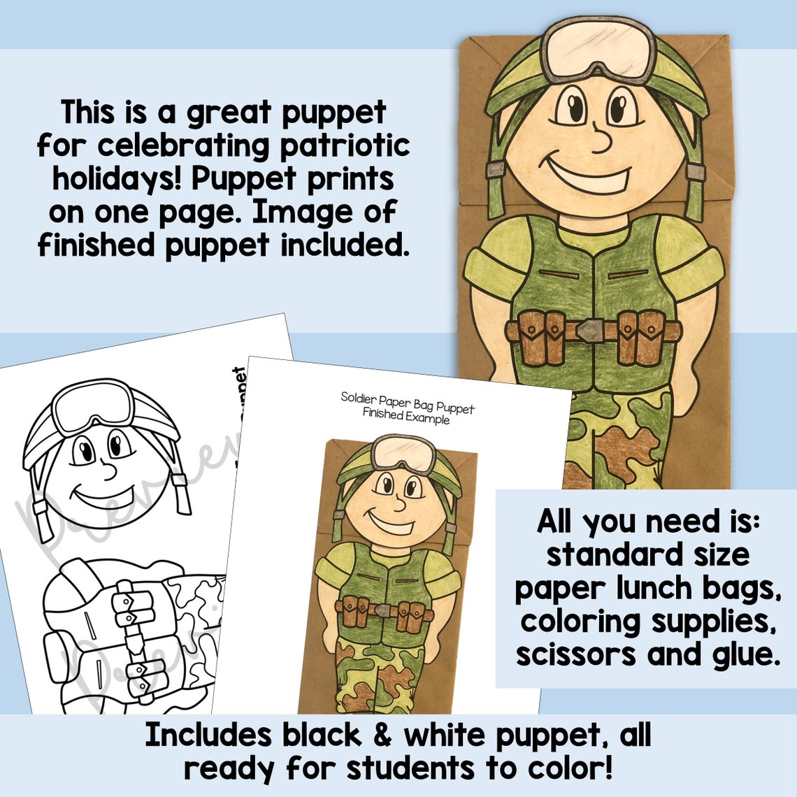 Soldier Paper Bag Puppet | Patriotic or Community Helper Craft Activity ...