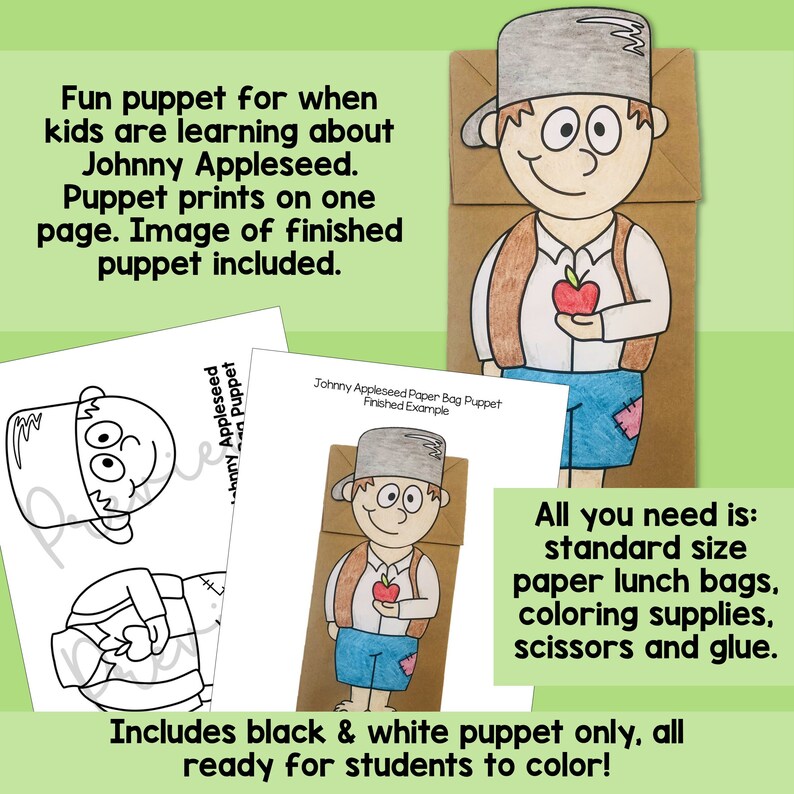 Johnny Appleseed Craft | Paper Bag Puppet Kids Activity - Etsy