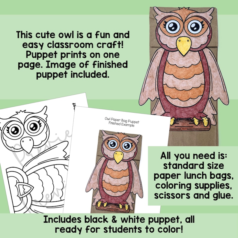 Owl Paper Bag Puppet Craft Activity, Fun Kindergarten, 1st, 2nd Grade ...