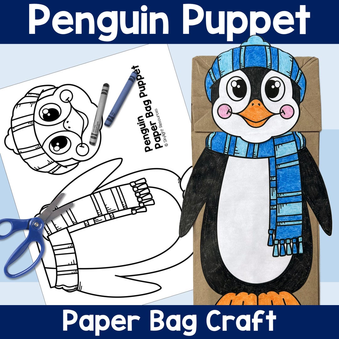 Penguin Paper Bag Puppet Craft Activity, Fun Winter Animal Project for ...