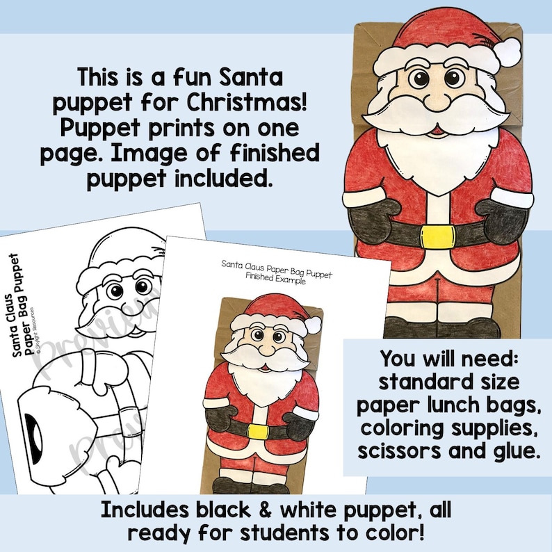 Santa Claus Paper Bag Puppet Christmas Craft Activity for Kids - Etsy