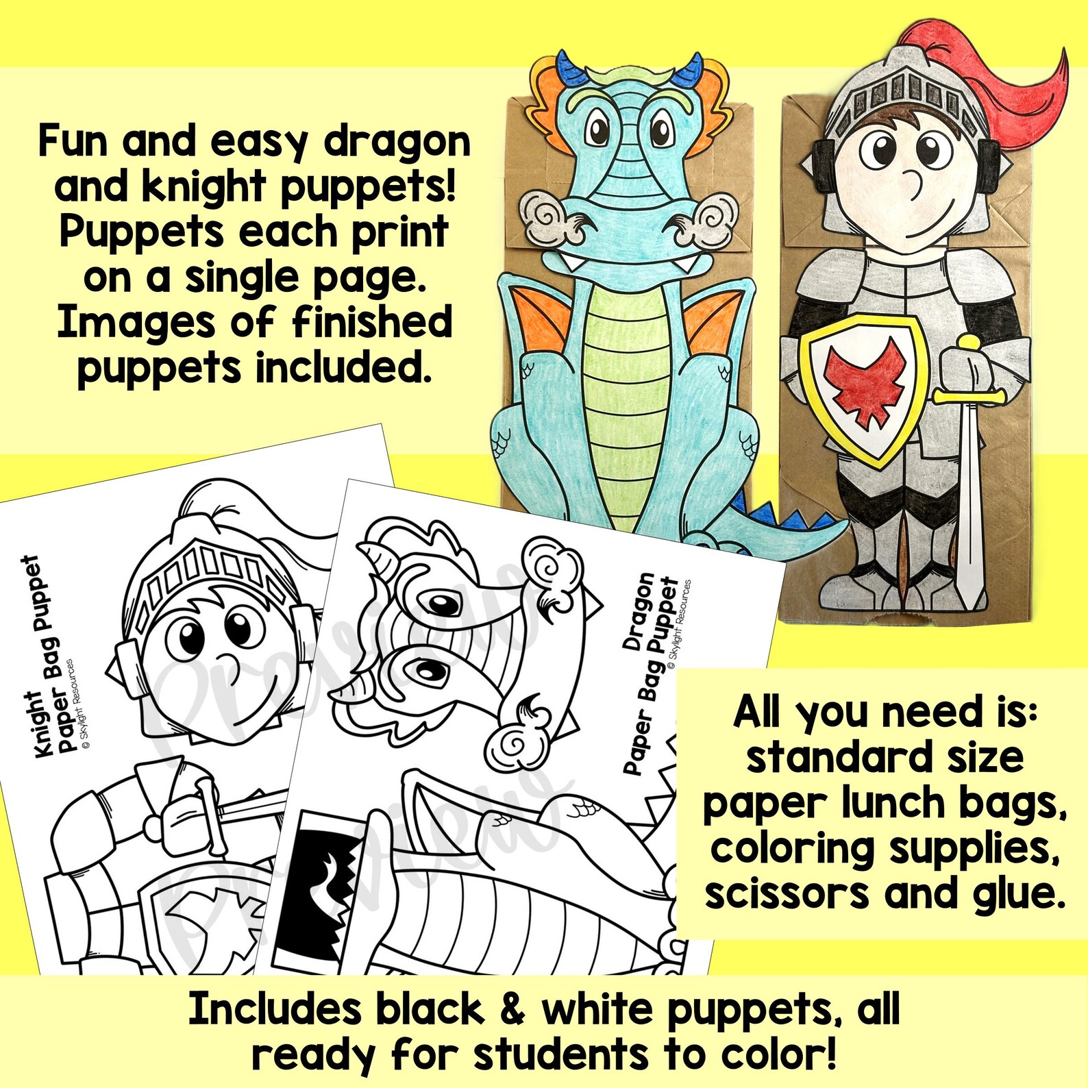 Knight and Dragon Paper Bag Puppets Fun Craft Activity for Kids - Etsy