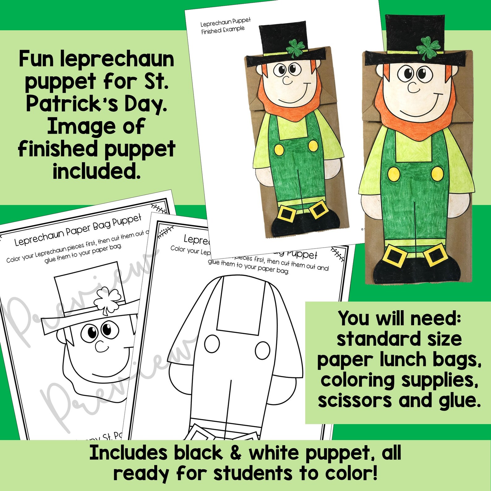 Leprechaun Paper Bag Puppet Kids St. Patrick's Day Craft Activity for ...