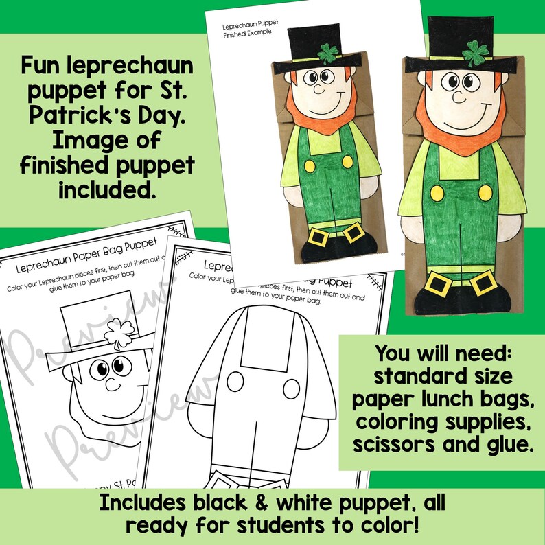 Leprechaun Paper Bag Puppet Kids St. Patrick's Day Craft Activity for ...