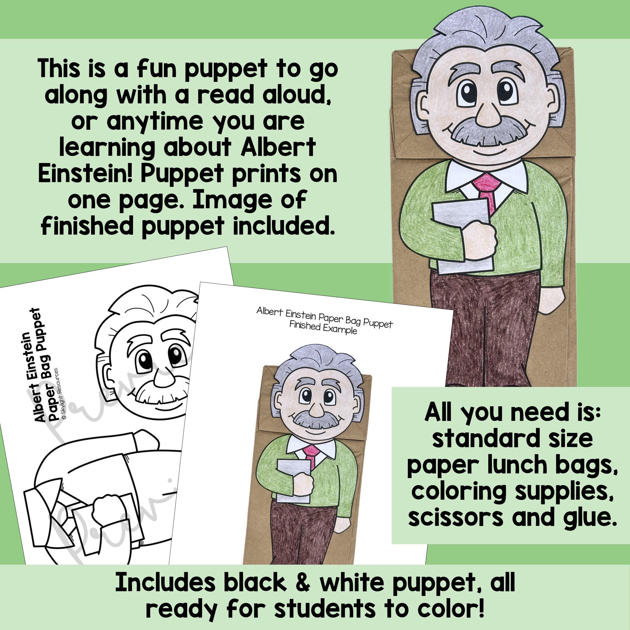 Albert Einstein Paper Bag Puppet Craft Activity, Fun Science Themed ...