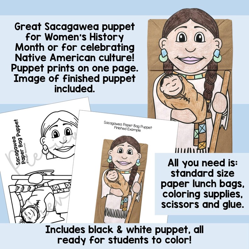 Sacagawea Paper Bag Puppet for Women's History Month or Native American ...