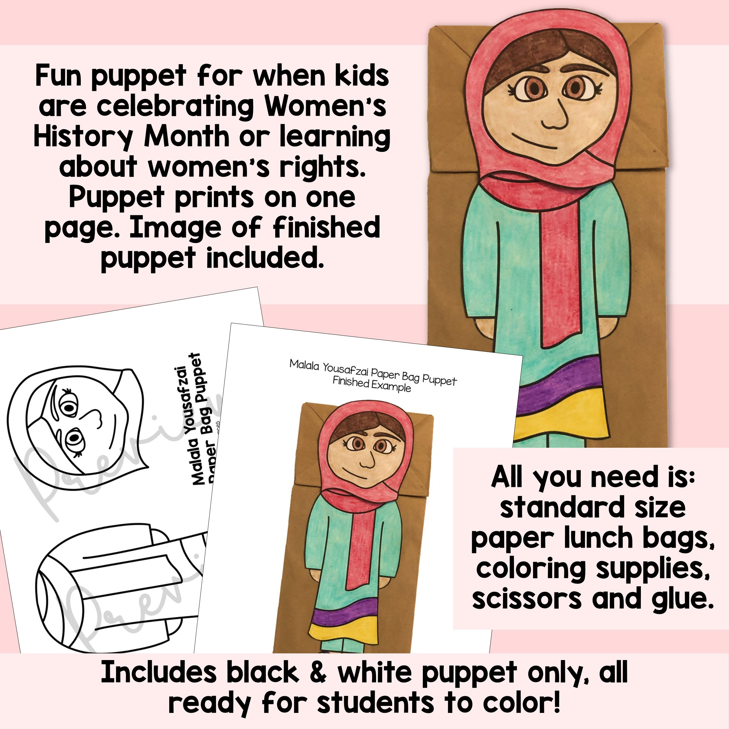 Women's History Month Paper Bag Puppet | Malala Yousafzai Kids Craft ...