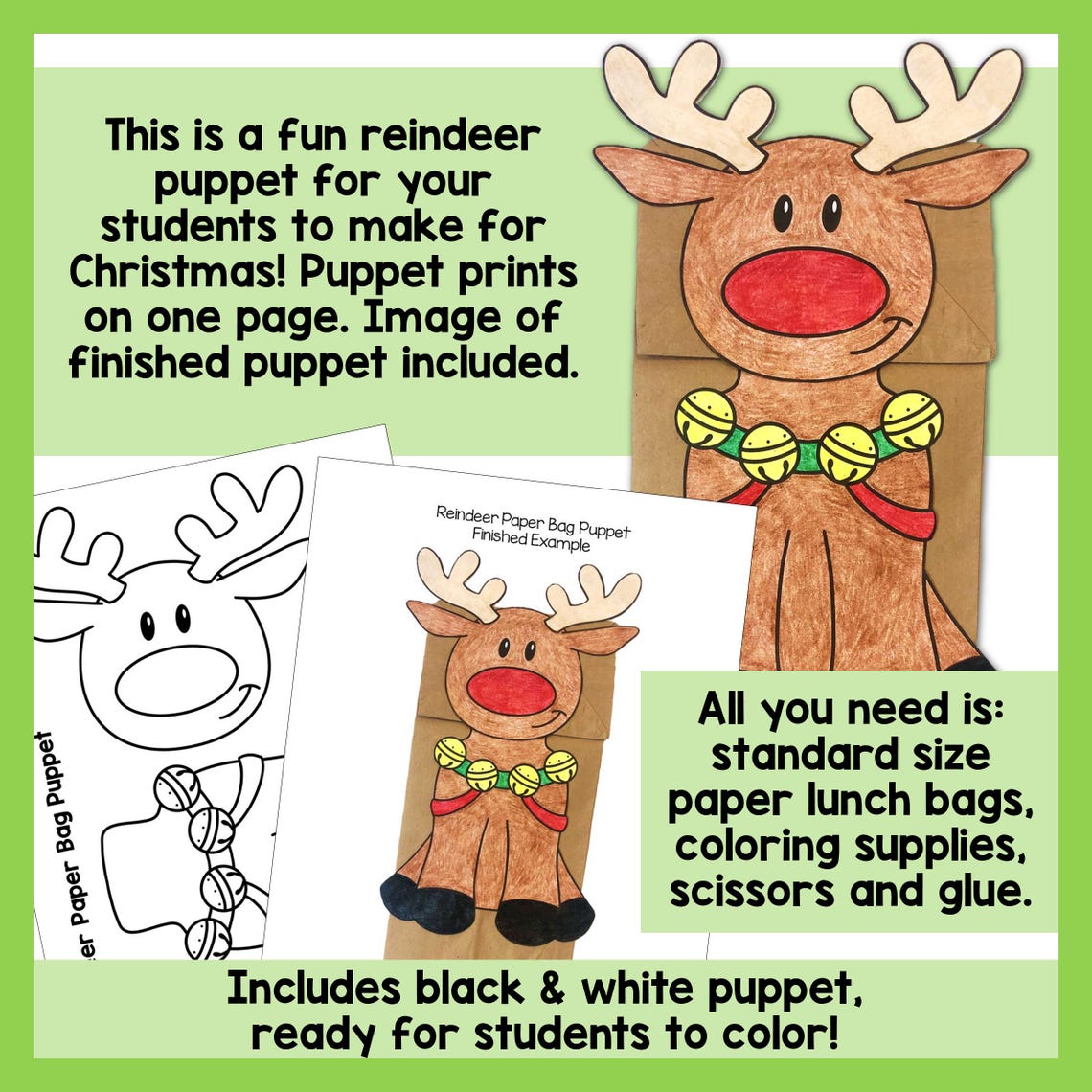 Santa's Reindeer Christmas Paper Bag Puppet Craft Activity for Kids - Etsy