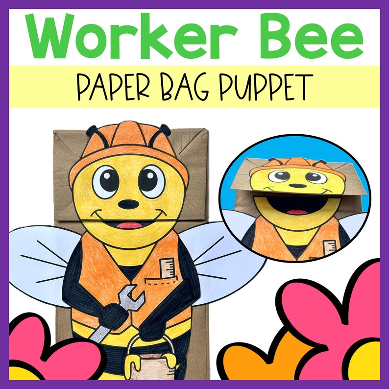 Bee Paper Bag Puppet Activity, Spring Pollinator Craft Template, Fun ...