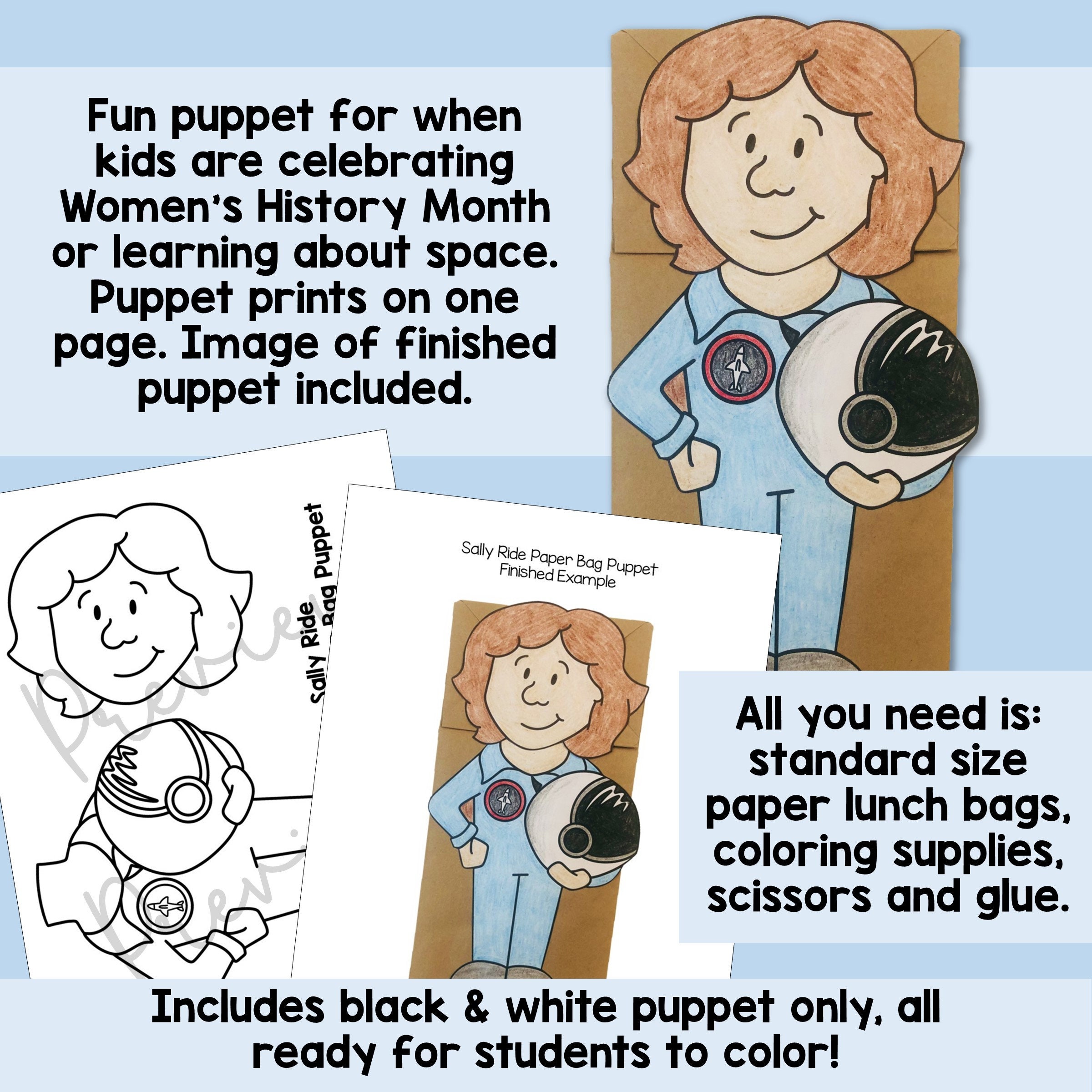 Women's History Month Paper Bag Puppet | Sally Ride Craft Activity - Etsy