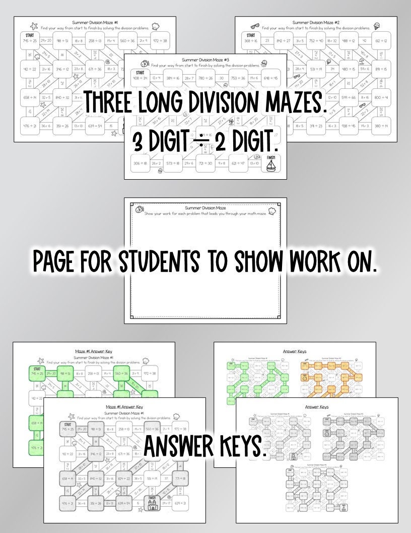 Long Division Fun Math Maze Activity With Summer Theme for School or ...