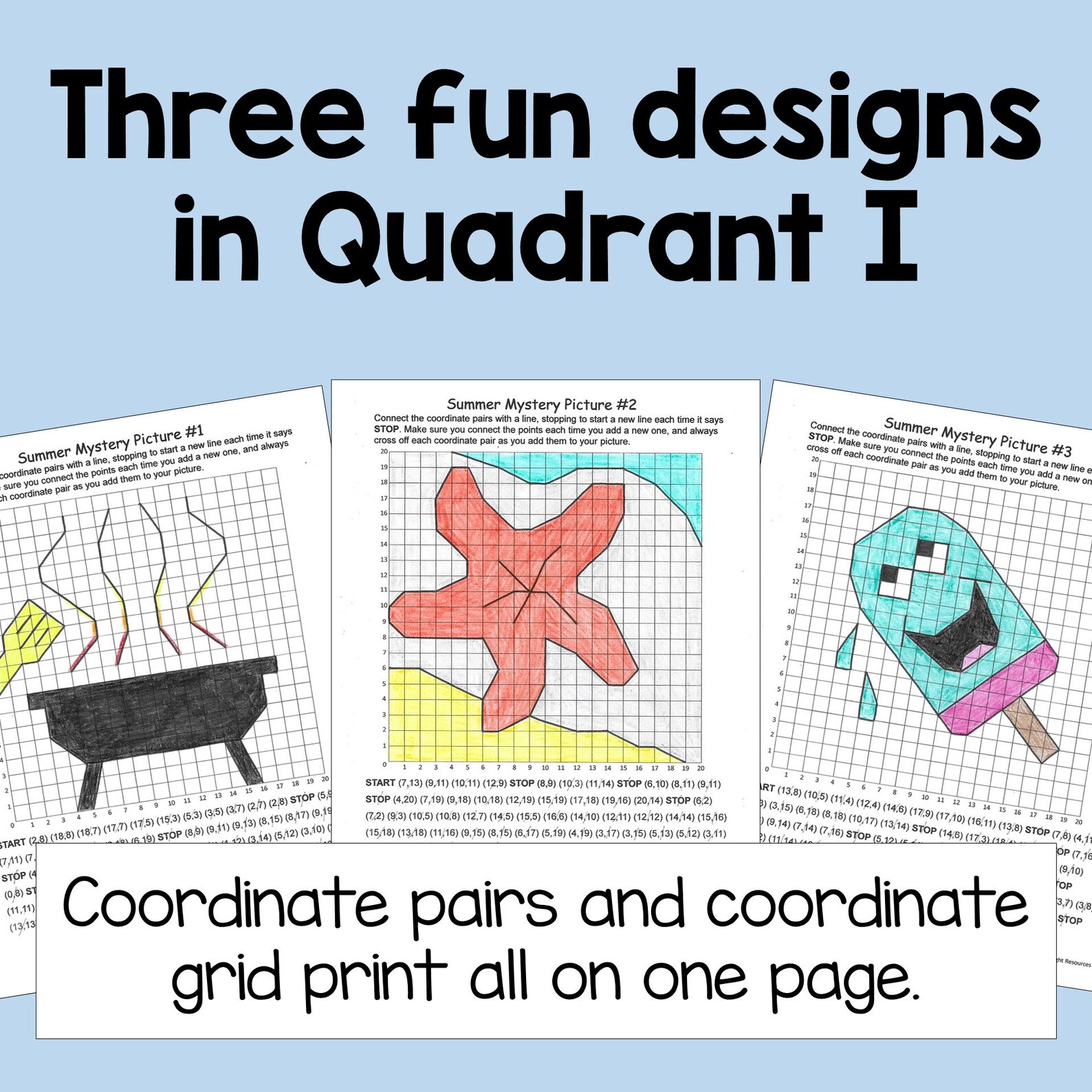 Summer Coordinate Plane Math Graphing Pictures in Quadrant I - Etsy