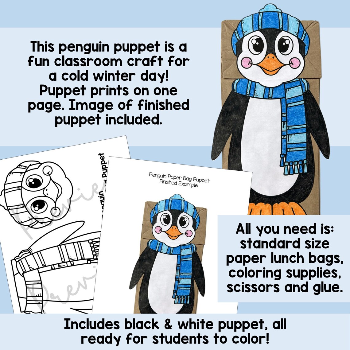 Penguin Paper Bag Puppet Craft Activity, Fun Winter Animal Project for ...