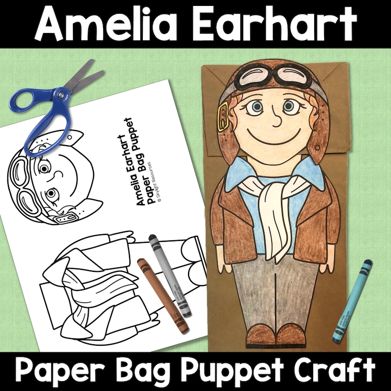 Women's History Month Paper Bag Puppet | Amelia Earhart Craft Activity ...