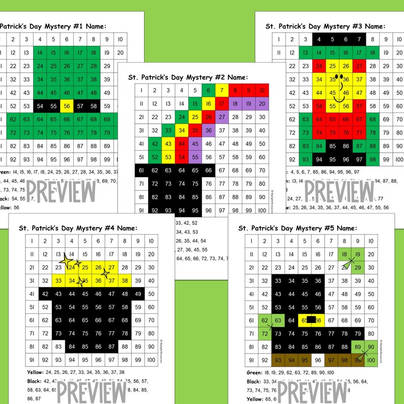 St. Patrick's Day 100's Chart Mystery Pictures | Math Numbers Practice ...