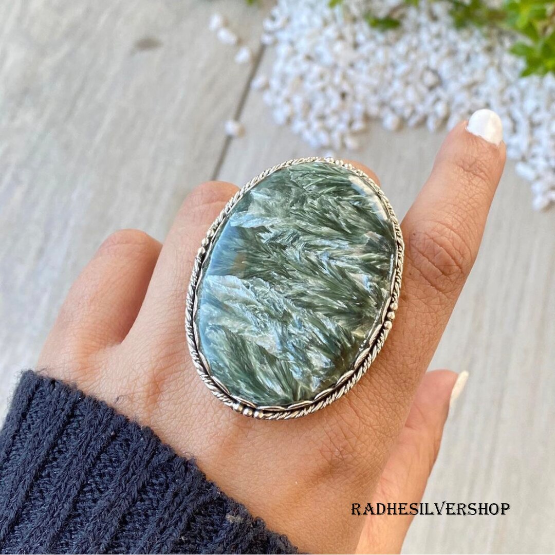 Pretty Big Oval Seraphinite Jewelry/ Unique Designer Ring/ Natural ...