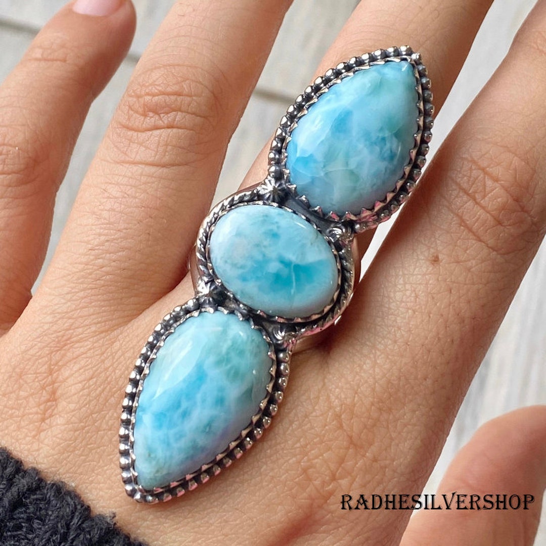 Pear & Oval Larimar Ring, Three Larimar Big Designer Ring, Handmade ...