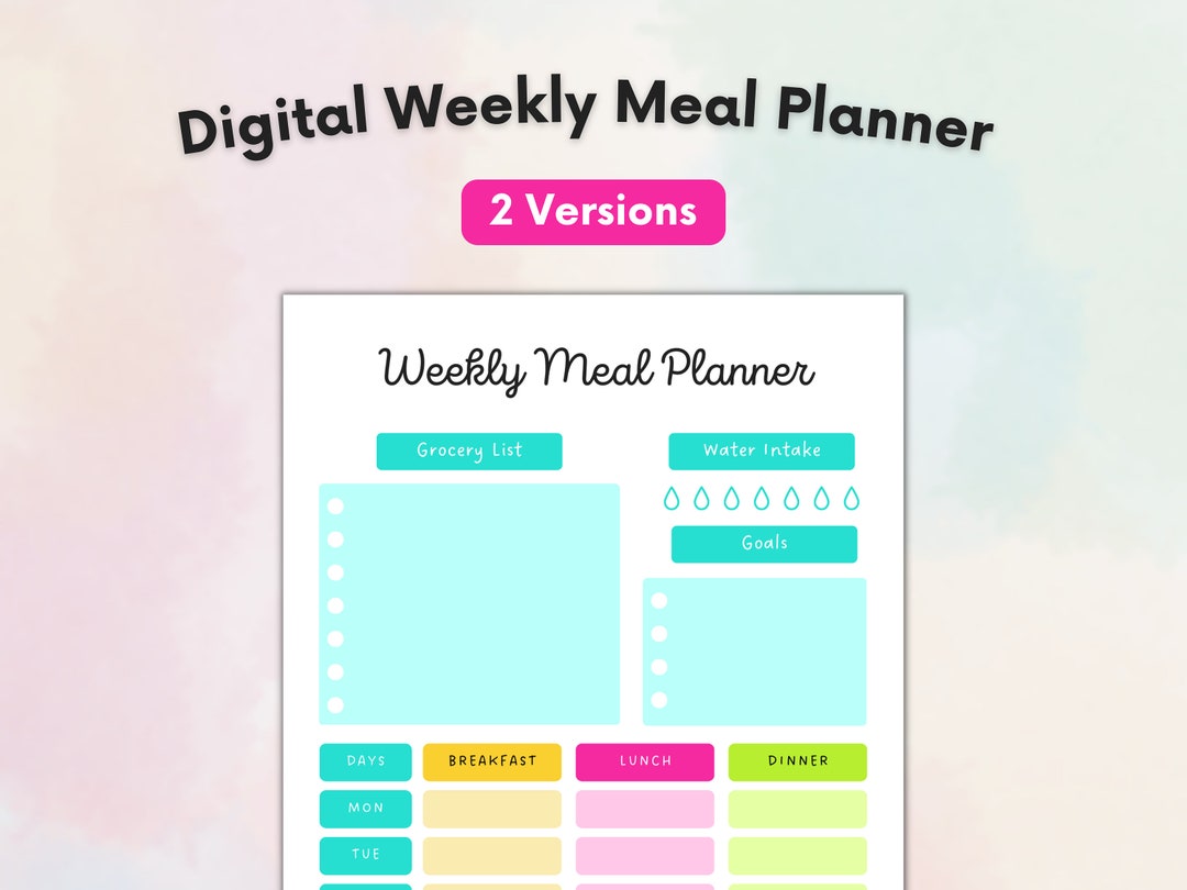 Weekly Meal Planner 2 Versions Goals Log Water Intake Log Diet Planner ...