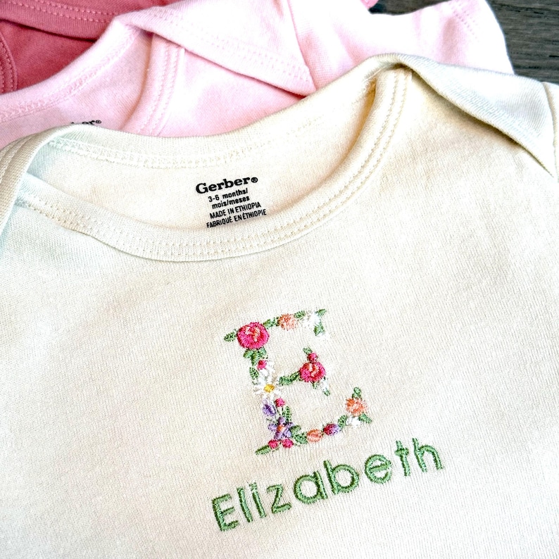 Embroidered Floral Initial Baby Onesie®: Custom Name, Newborn Gift ...