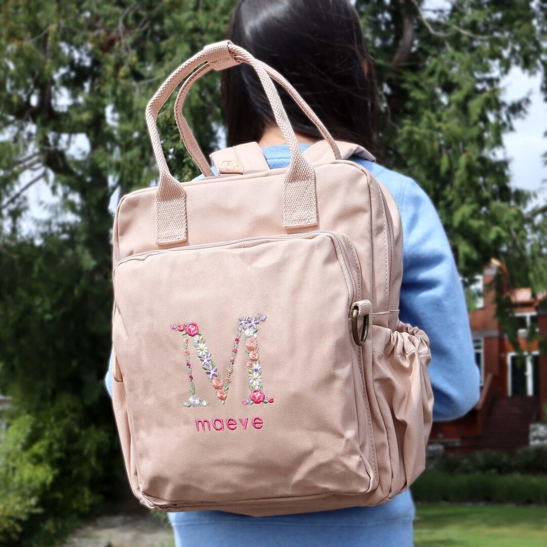 Floral Embroidered Monogram Backpack: Personalized Coated Canvas, Girls ...