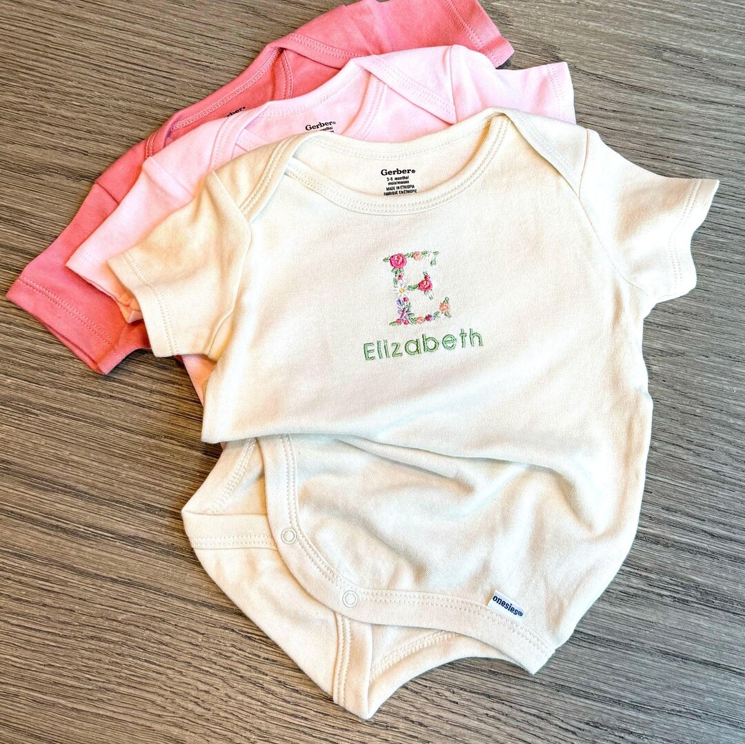 Embroidered Floral Initial Baby Onesie®: Custom Name, Newborn Gift ...