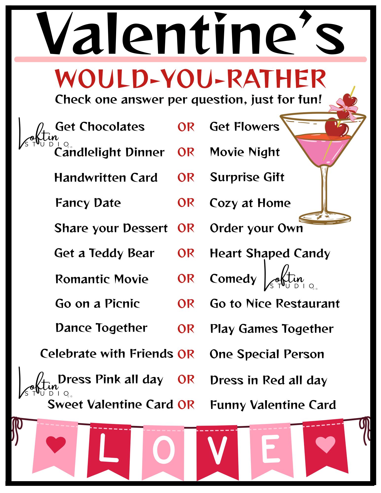 Valentine Would You Rather Printable Game Download Fun Party - Etsy