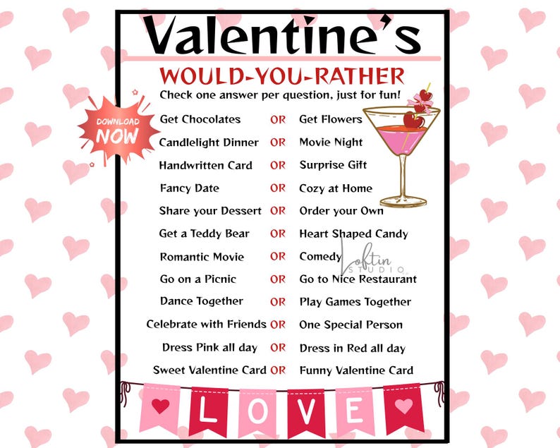 Valentine Would You Rather Printable Game, Fun Party Game, Instant ...