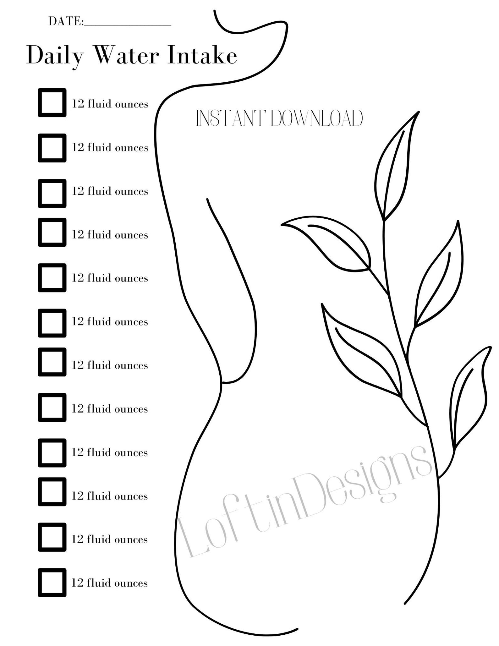 Water Intake Checklist, Health Record, Health Journal, Keeping Track of ...