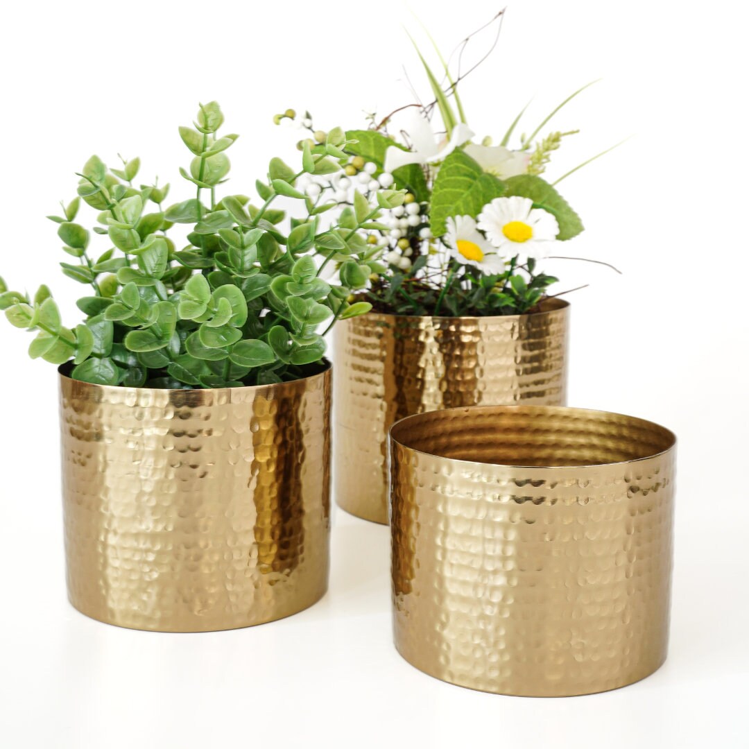Gold Metal Hammered Cylindrical Planter for Home Decor Decorative Plant ...