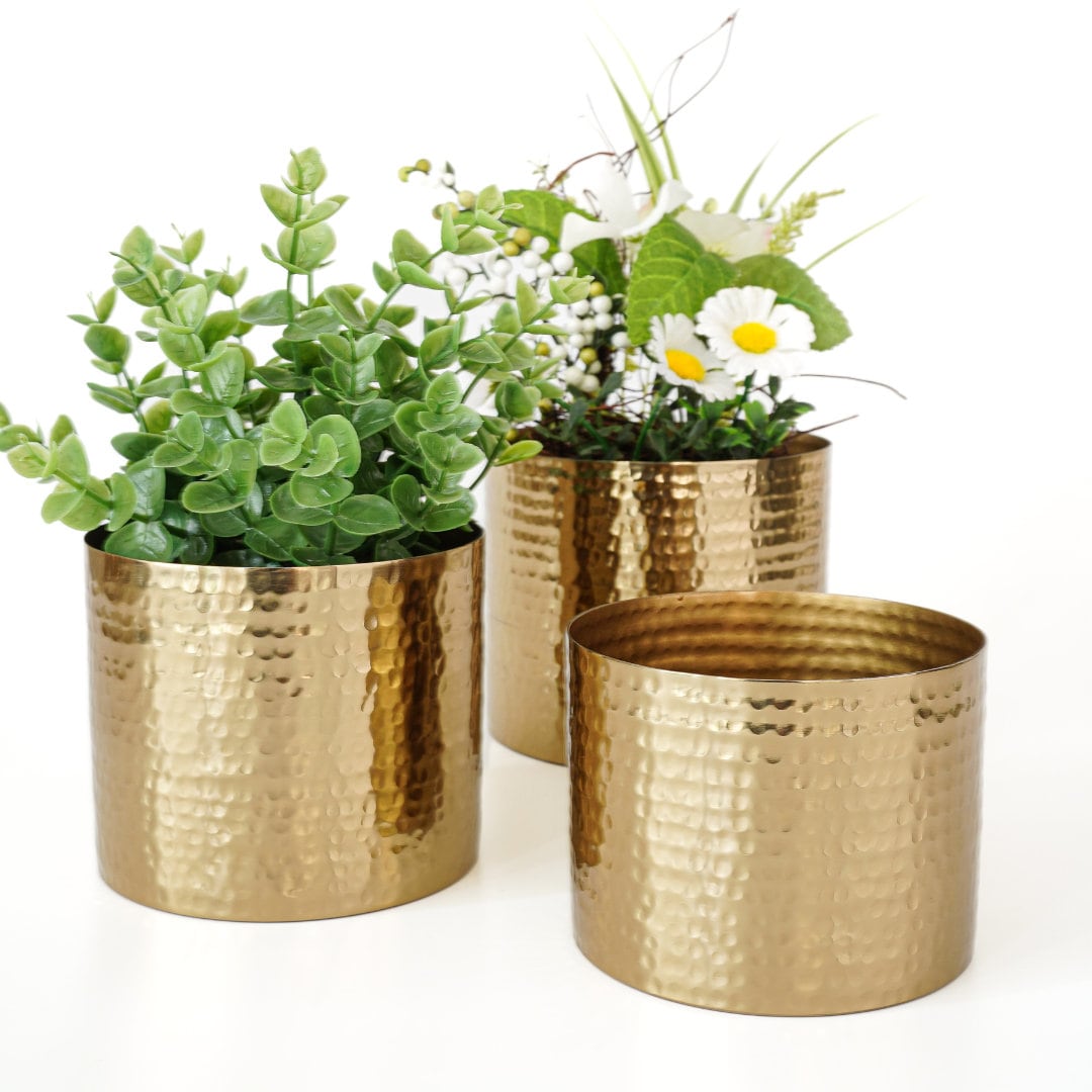 Gold Metal Hammered Cylindrical Planter for Home Decor Decorative Plant ...