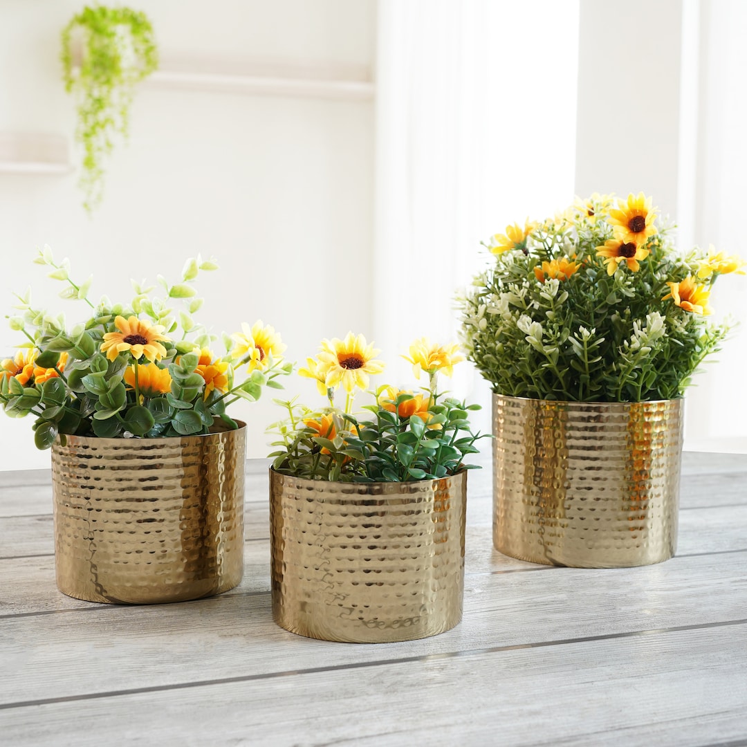 Gold Metal Hammered Cylindrical Planter for Home Decor | Decorative ...